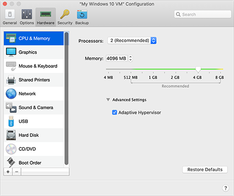 CPU & Memory Settings
